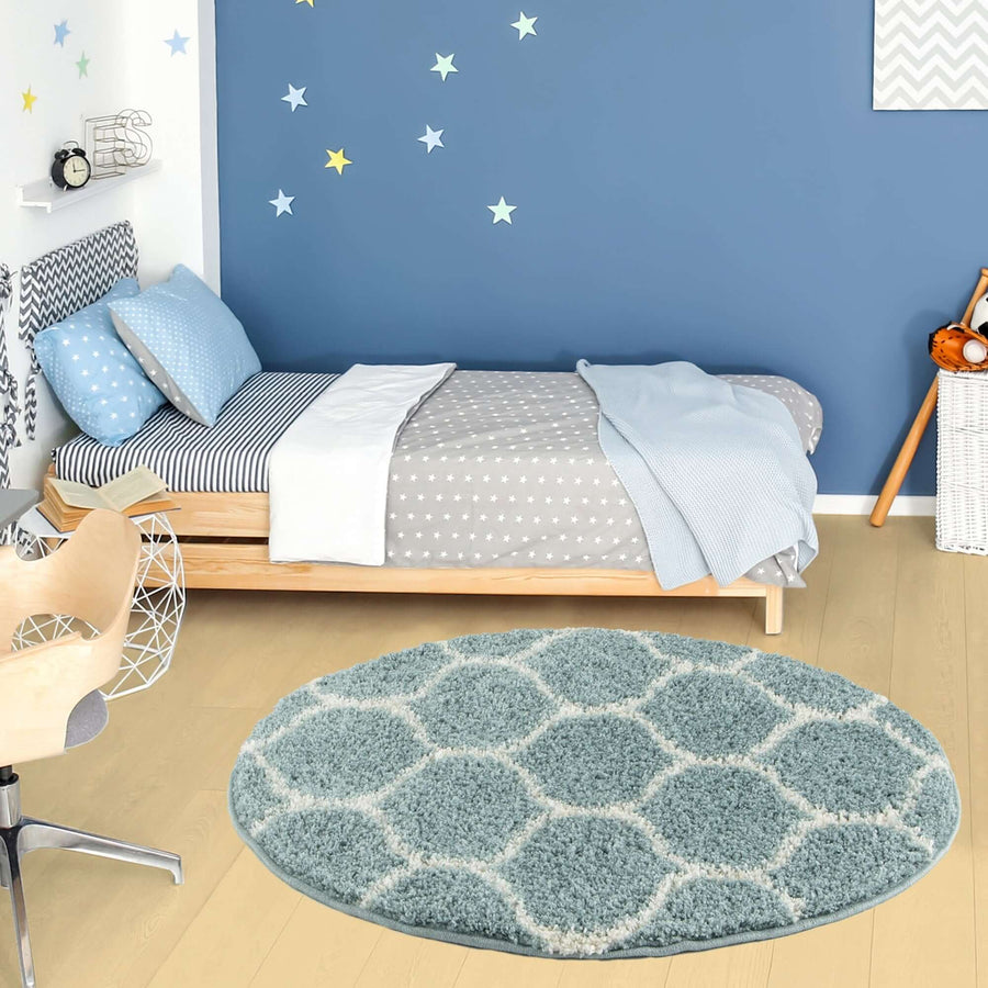 Trellis Design Thick Shaggy Area Rugs Duck Egg Blue