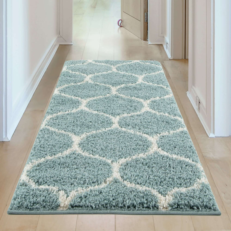 Trellis Design Thick Shaggy Area Rugs Duck Egg Blue