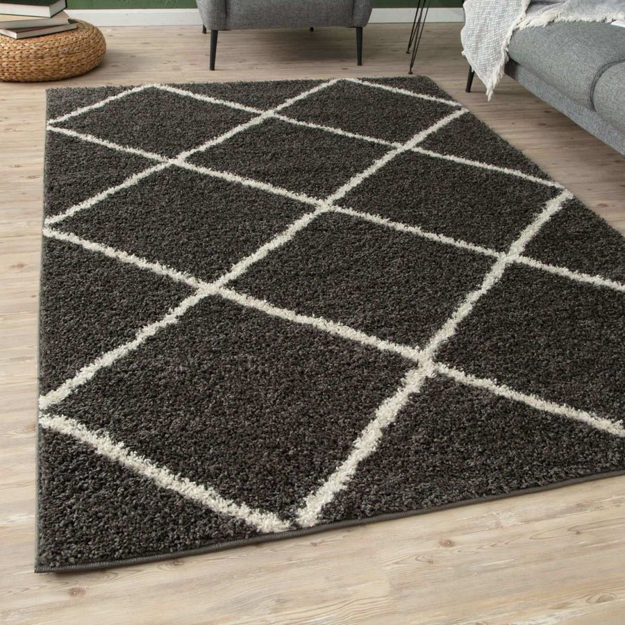 Diamond Design Thick Shaggy Area Rugs Dark Grey | The Rugs