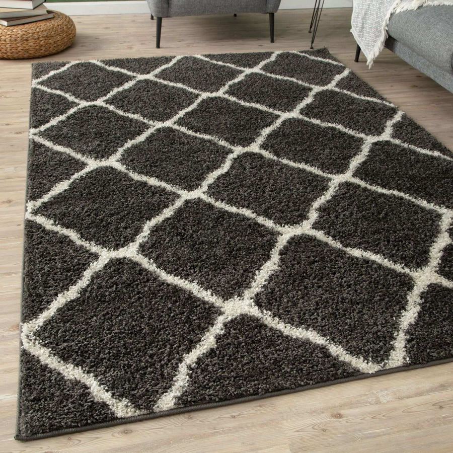 Moroccan Design Thick Shaggy Area Rugs Dark Grey | The Rugs
