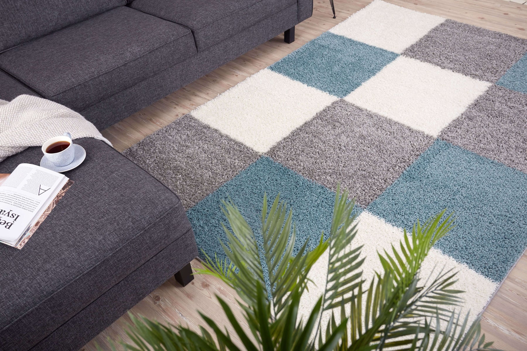 Geometric Design Thick Shaggy Area Rugs Duck Egg Blue | The Rugs