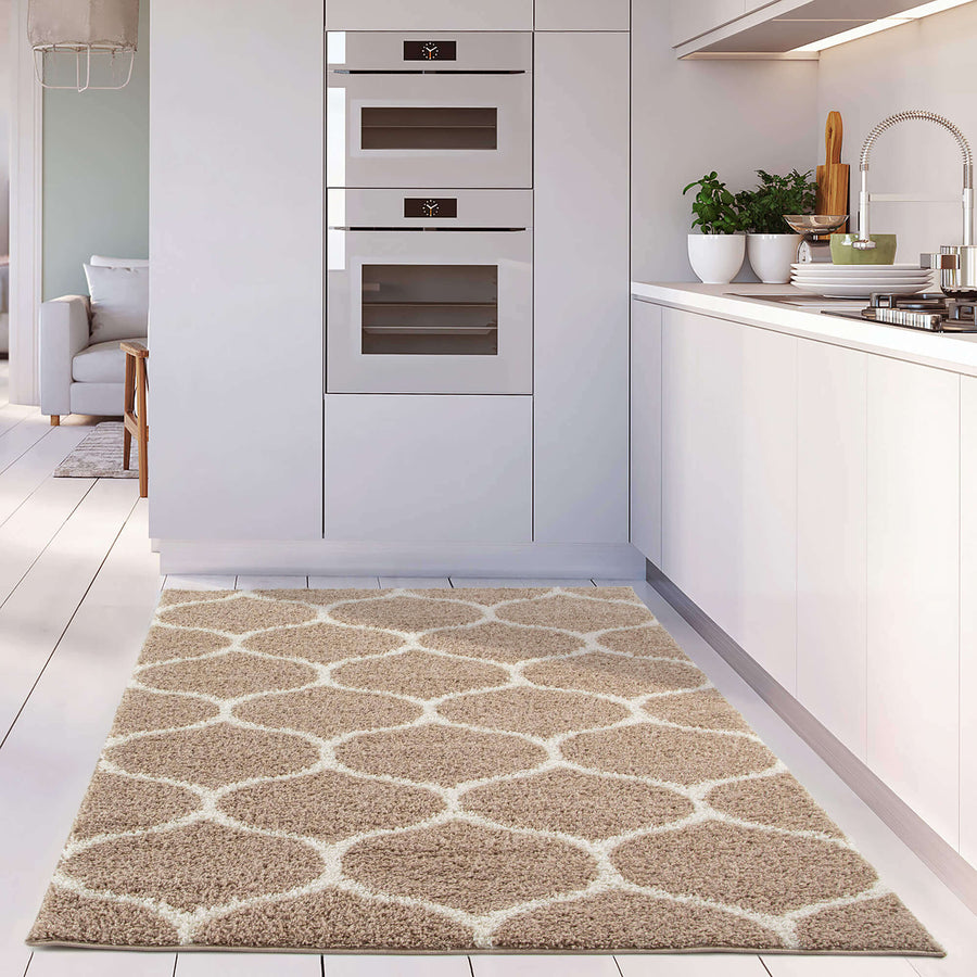 The Rugs Area Rug - Modern Luxury Shaggy Rug Trellis Beige