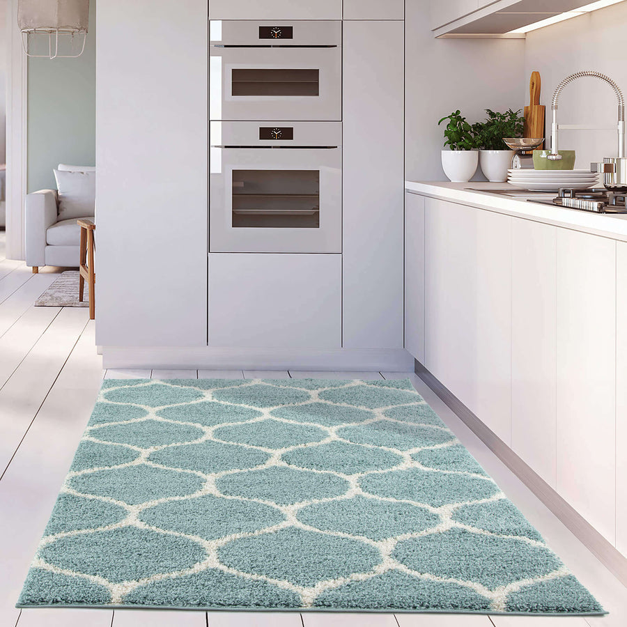 Trellis Design Thick Shaggy Area Rugs Duck Egg Blue