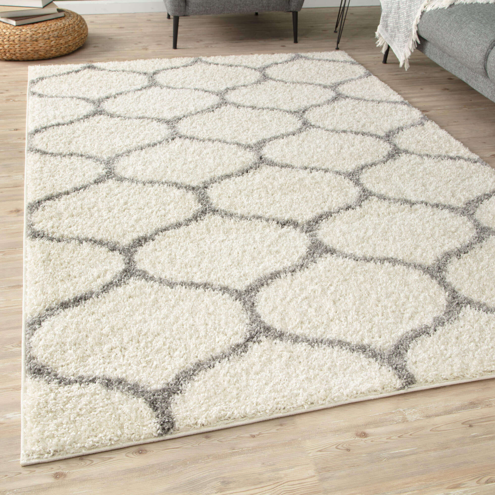 Trellis Design Thick Shaggy Area Rugs Ivory | The Rugs