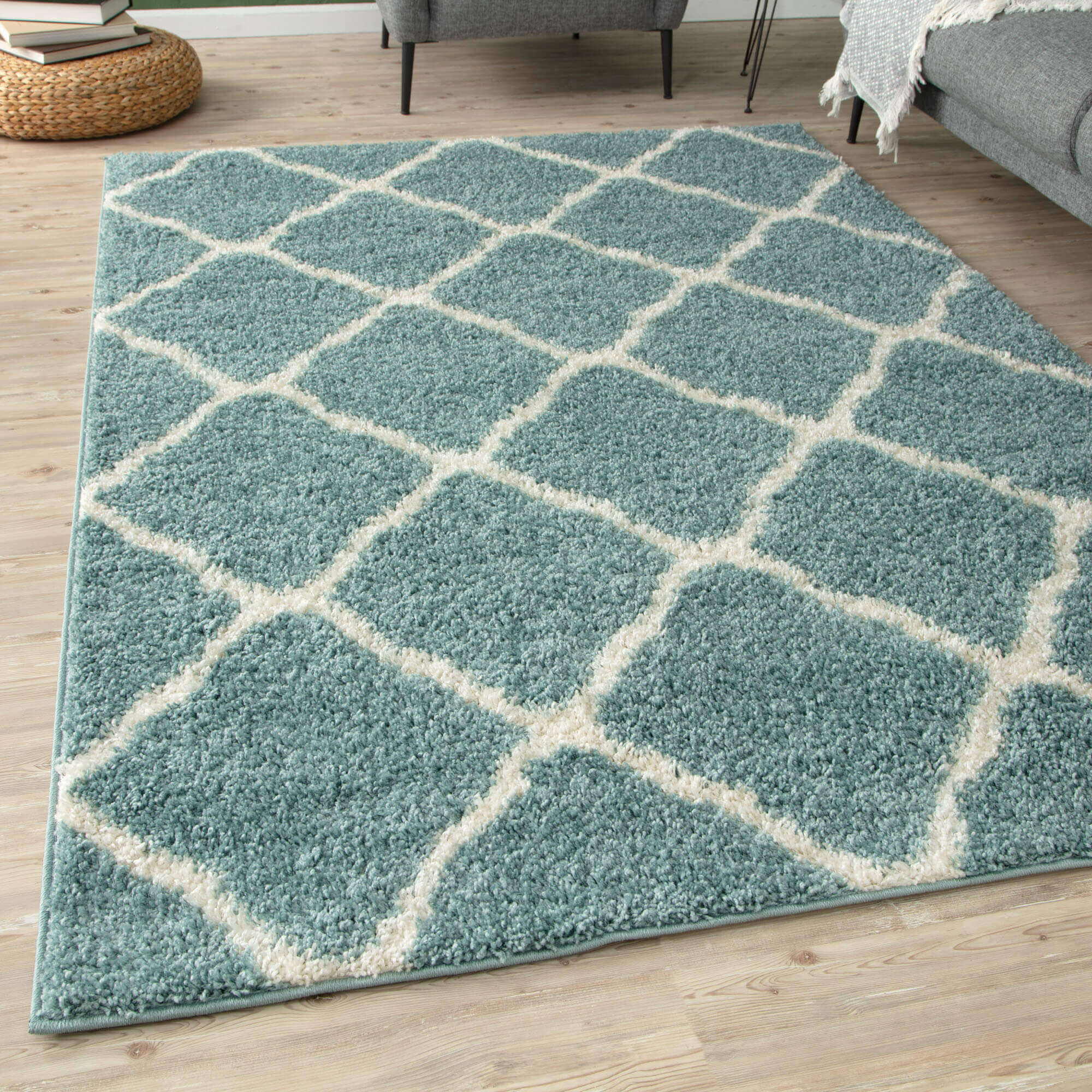 Moroccan Design Shaggy Area Rugs Duck Egg Blue | The Rugs