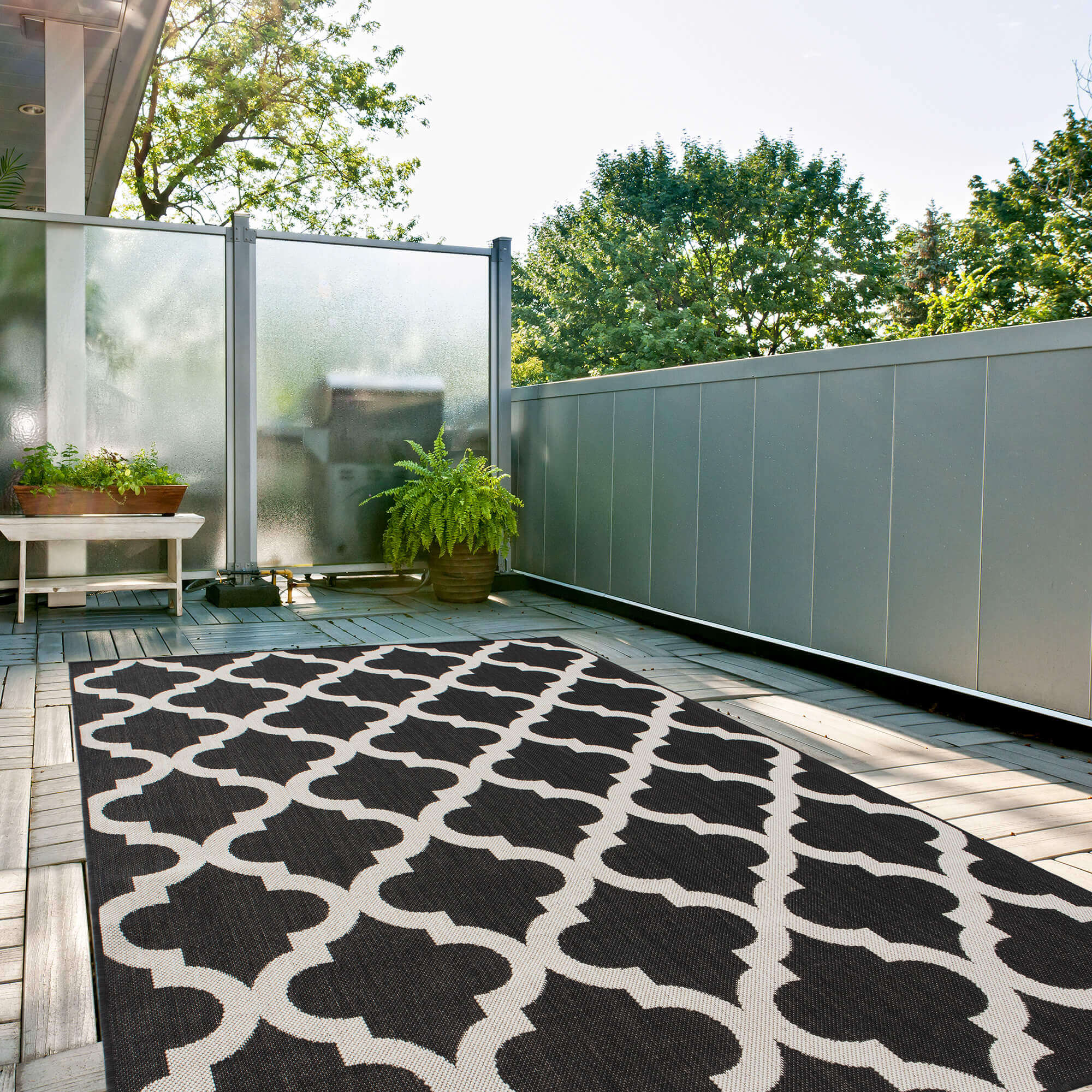 Black Trellis Design Outdoor Rug for Garden & Patio | The Rugs